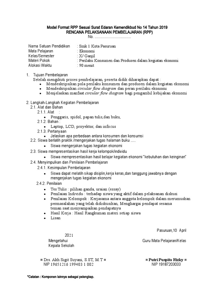 Format RPP 1 Lembar Sesuai Surat Edaran Mendikbud No 14 Tahun 2019 | PDF