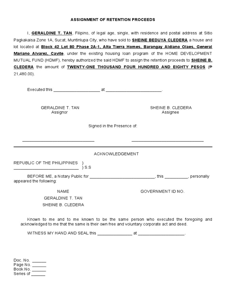 Assignment of Retention Proceeds Form | PDF