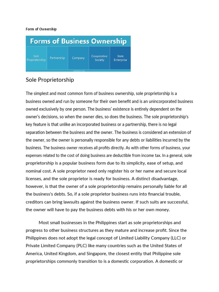 Sole Proprietorship: Form of Ownership | PDF | Sole Proprietorship ...