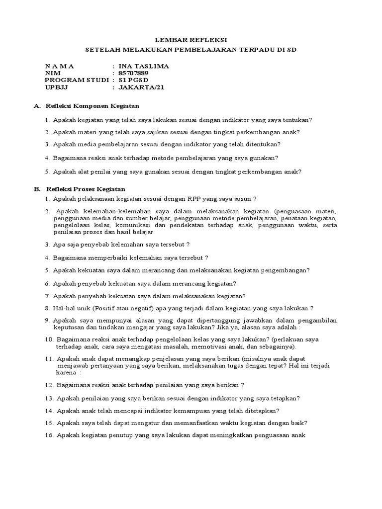Lembar Refleksi Untuk Mahasiswa | PDF