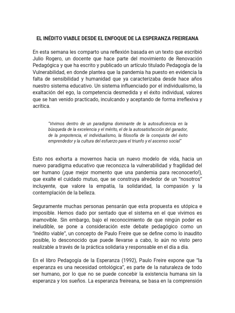 Inédito Viable y Esperanza Freireana | PDF | Teorías filosóficas | Science