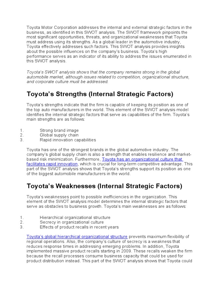 Toyota Swot Analysis | PDF | Toyota | Swot Analysis