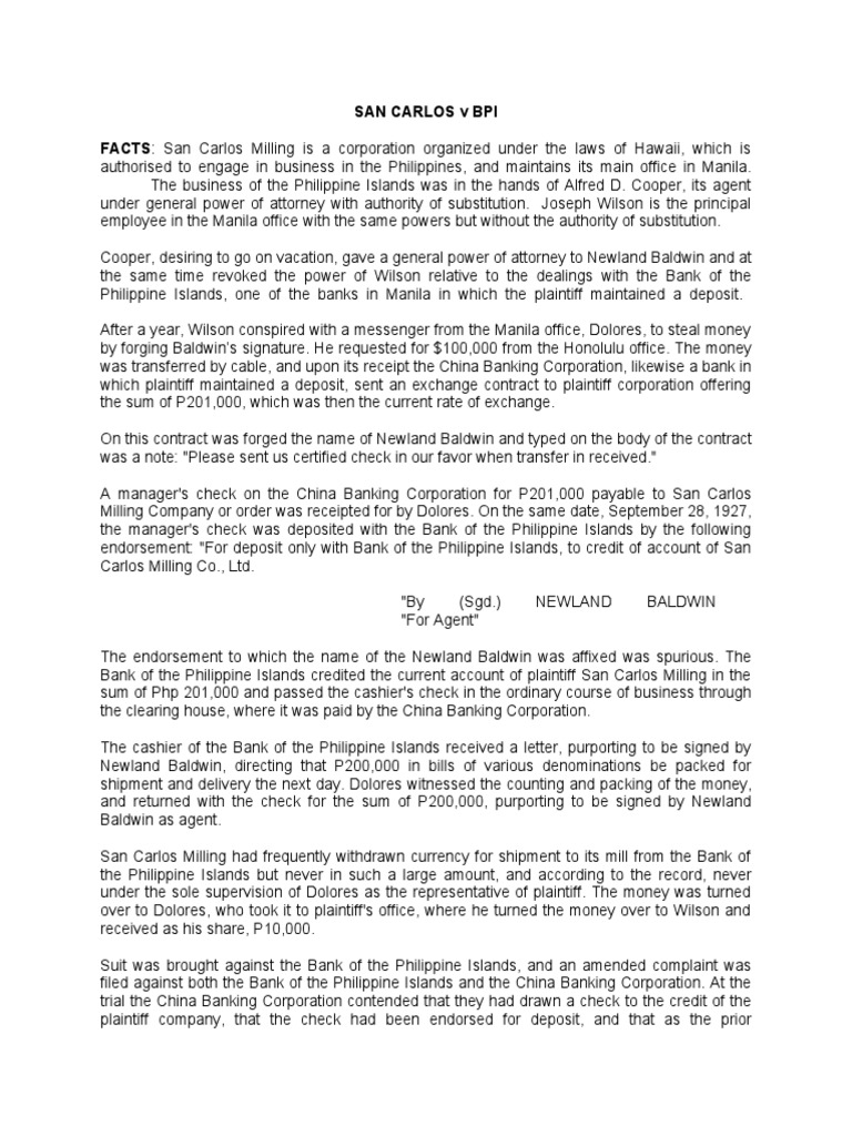 SAN CARLOS MILLING v. BPI | PDF | Cheque | Forgery