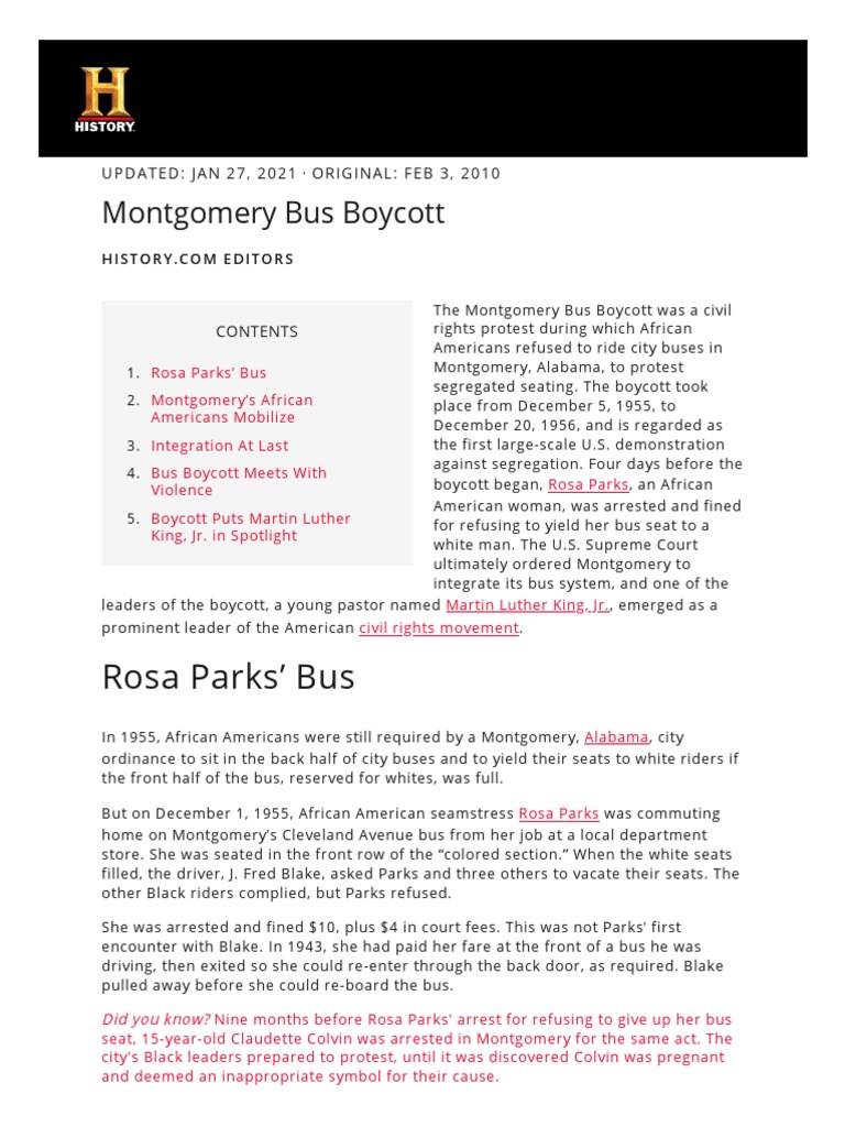 Montgomery Bus Boycott - Facts Significance Rosa Parks - History | PDF ...