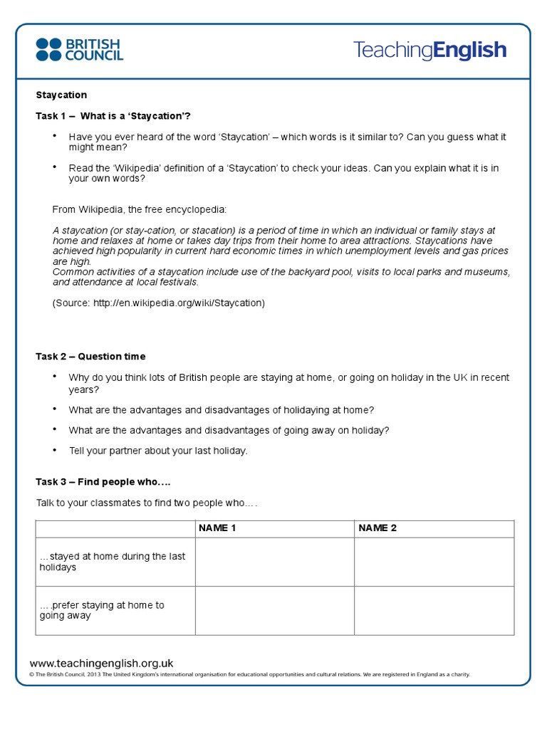 Staycation Student Worksheet 0 | PDF | Holiday Or Vacation | Asia