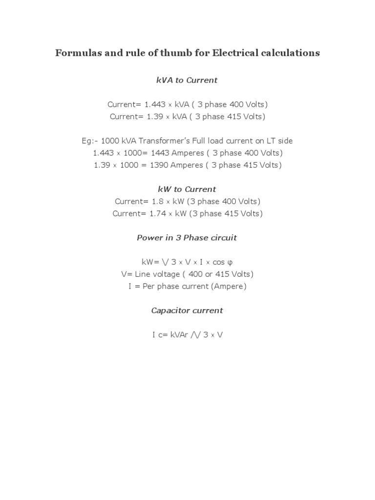 Electrical Calculation Formulas Guide | PDF