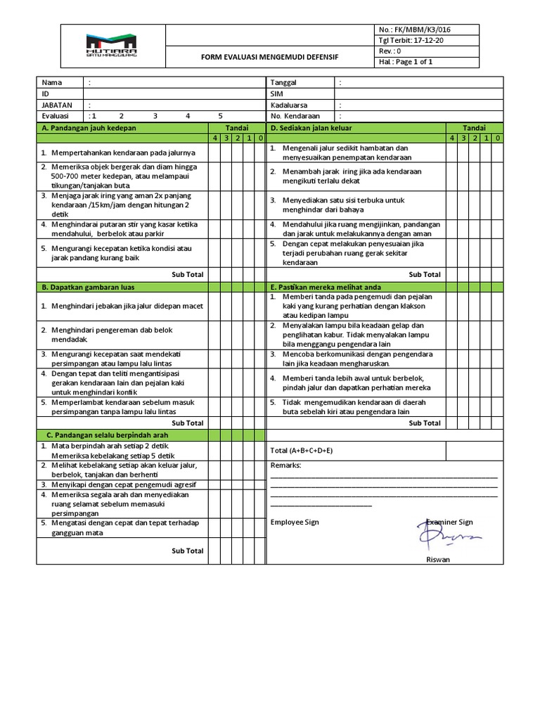 Form Evaluasi Mengemudi Defensif | PDF