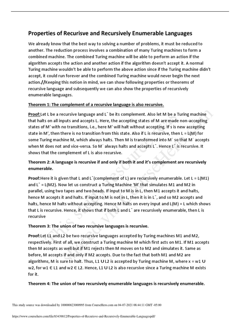 Properties of Recurisve and Recursively Enumerable Languages PDF | PDF | Computability Theory ...