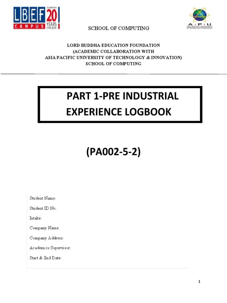 Part 1-Pre Industrial Experience Logbook: School of Computing | PDF | Internship | Job Hunting
