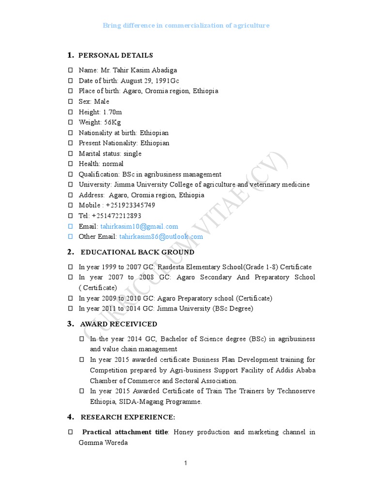 Curriculum Vitae (1) 42 4 | PDF | Ethiopia | Agriculture
