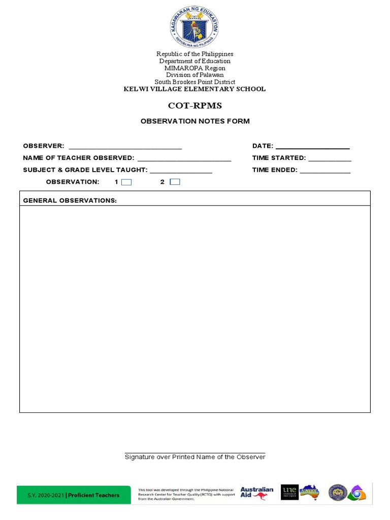 Cot-Rpms: Observation Notes Form | PDF | Educational Technology | Teachers