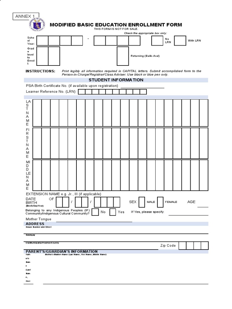 Modified Basic Education Enrollment Form: Annex 1 | PDF | Privacy ...