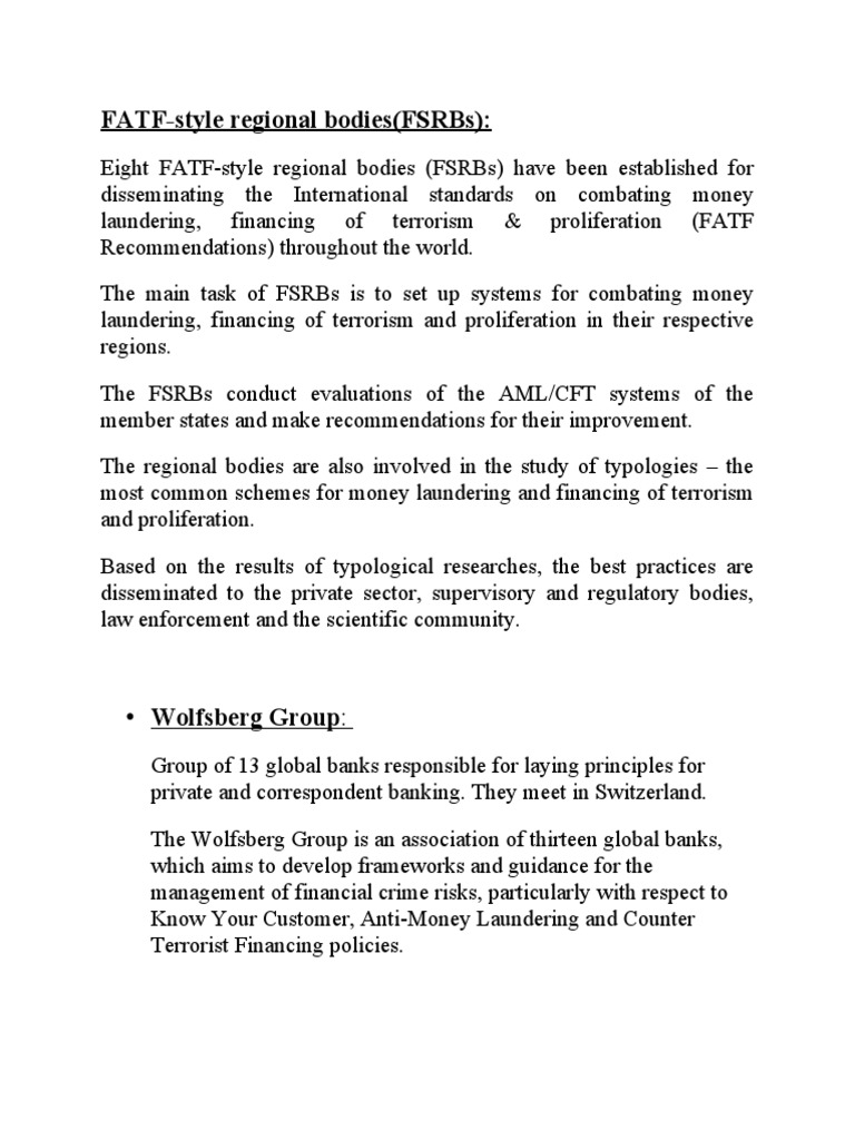 Fatf-Style Regional Bodies (FSRBS) :: - Wolfsberg Group | PDF