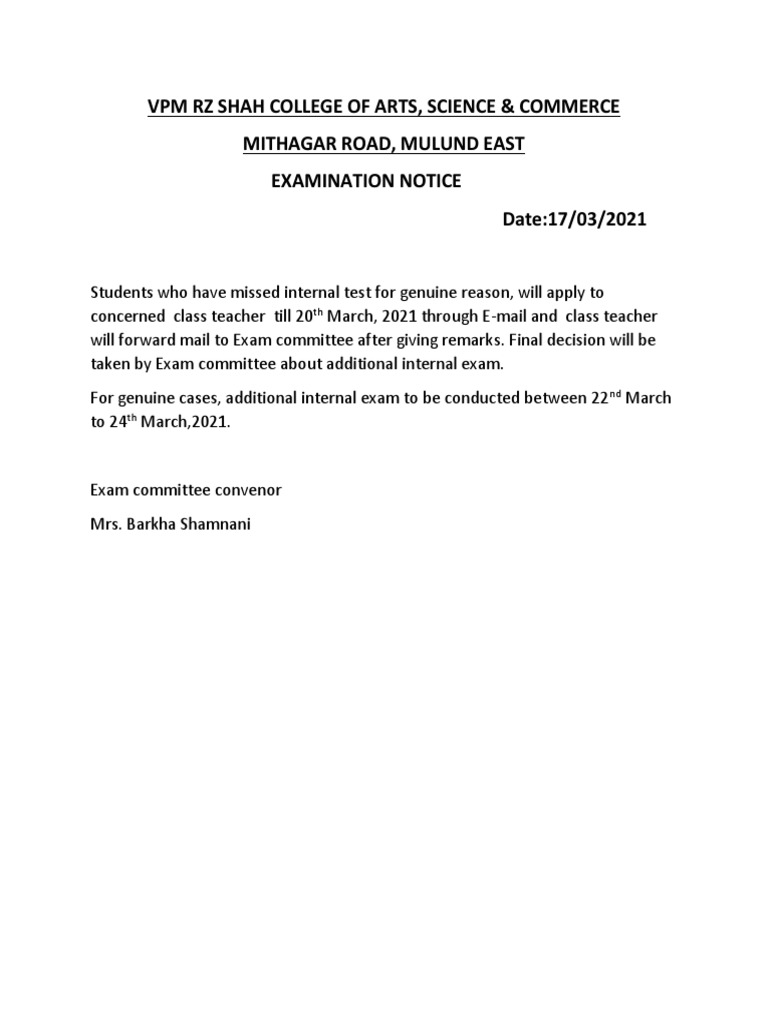 Internal Exam Notice for Students | PDF