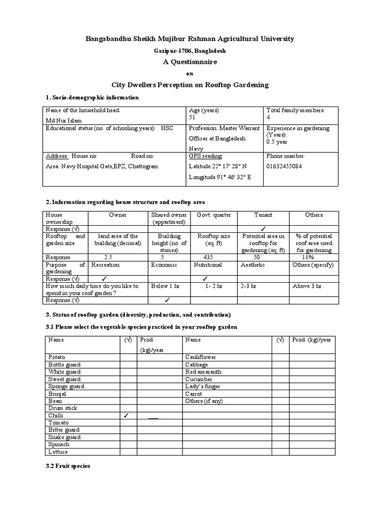 Rooftop Garden Questionnaire 1 | PDF | Foods | Wastewater