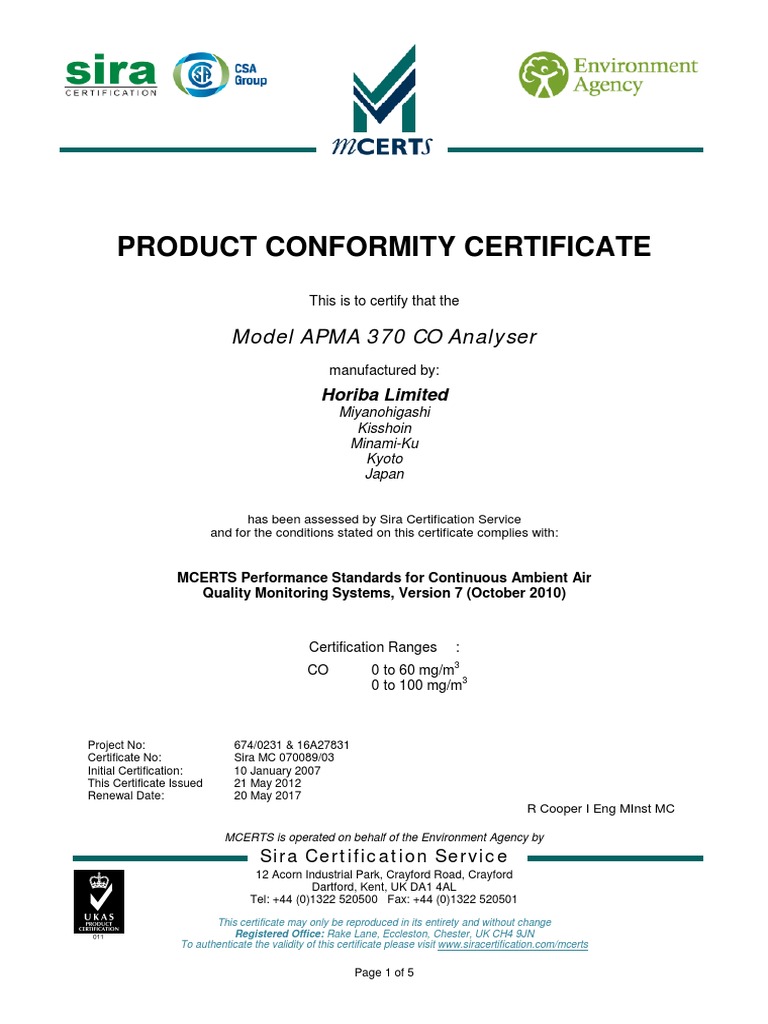 Product Conformity Certificate: Model APMA 370 CO Analyser | PDF ...