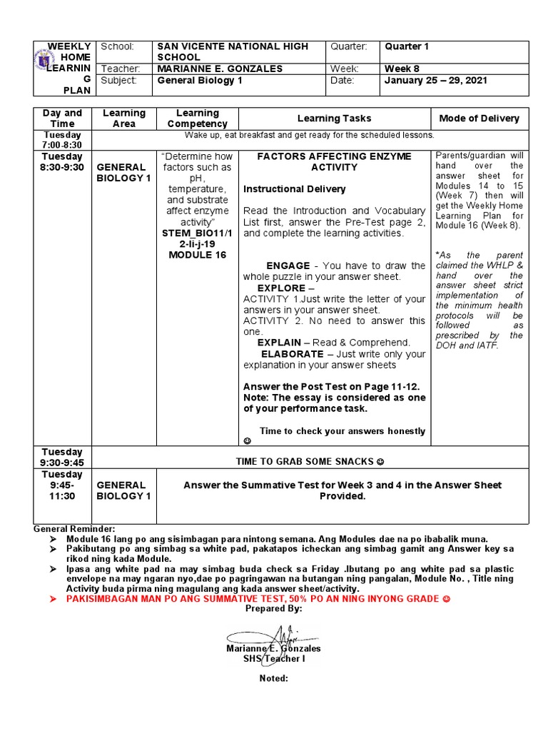 Parents/guardian Will Hand Over The Answer Sheet For Modules 14 To 15 (Week 7) Then Will Get The ...