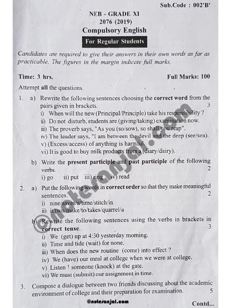 Neb Compulsory English Class 11 Question Paper 002b 2076 2019