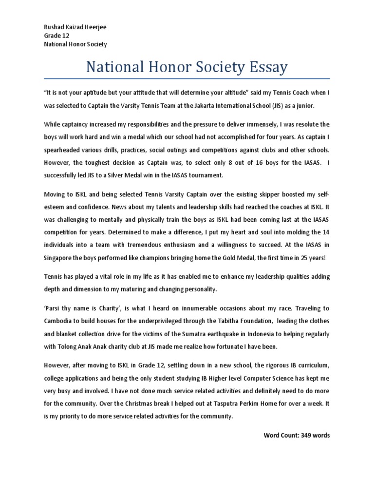 National Honor Society Essay: Word Count: 349 Words | PDF | Leisure ...