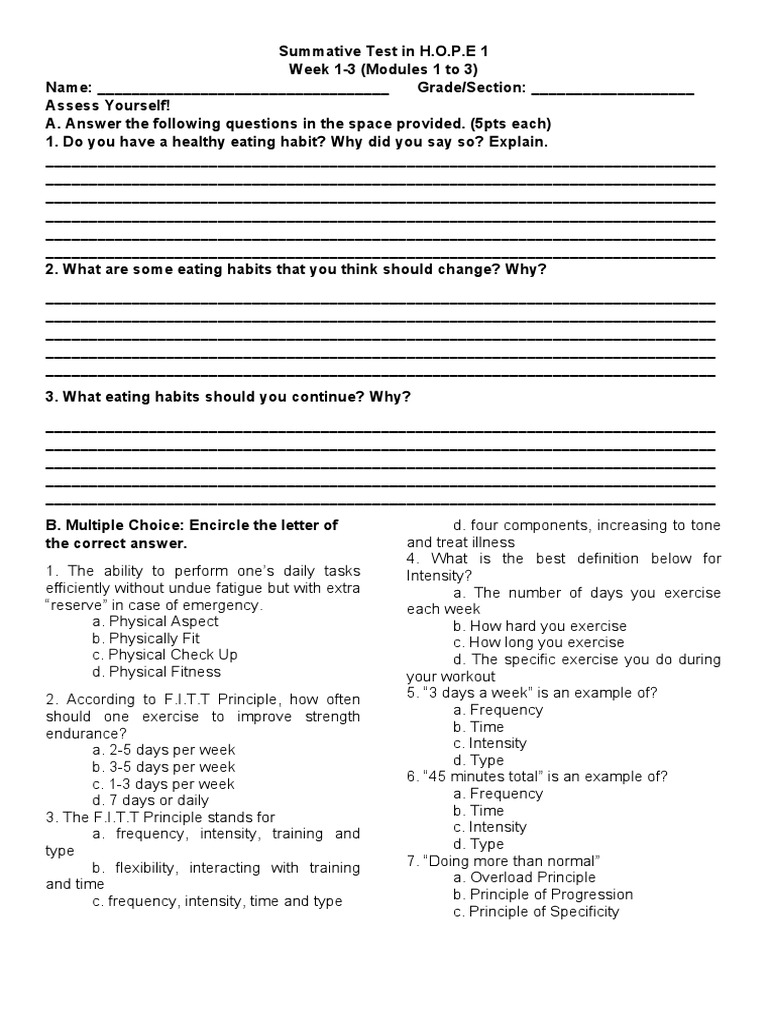 Summative Test in HOPE 1 Week 1 To 3 | PDF | Physical Fitness | Human ...