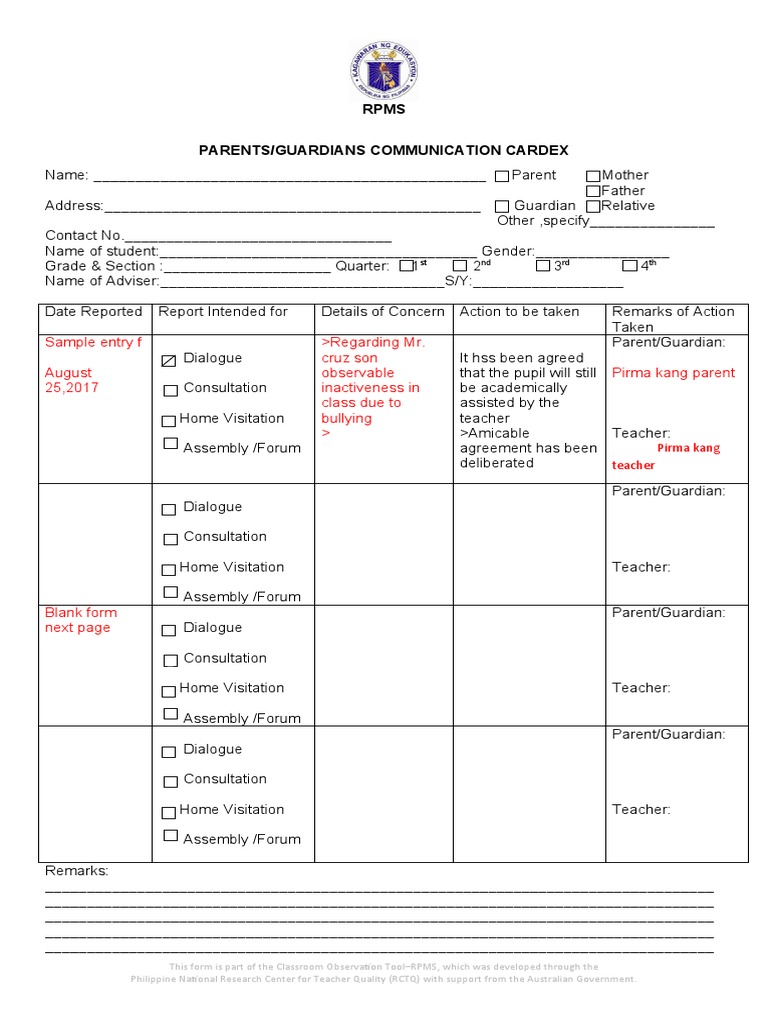 Parents/Guardians Communication Cardex | PDF | Parent | Relationships