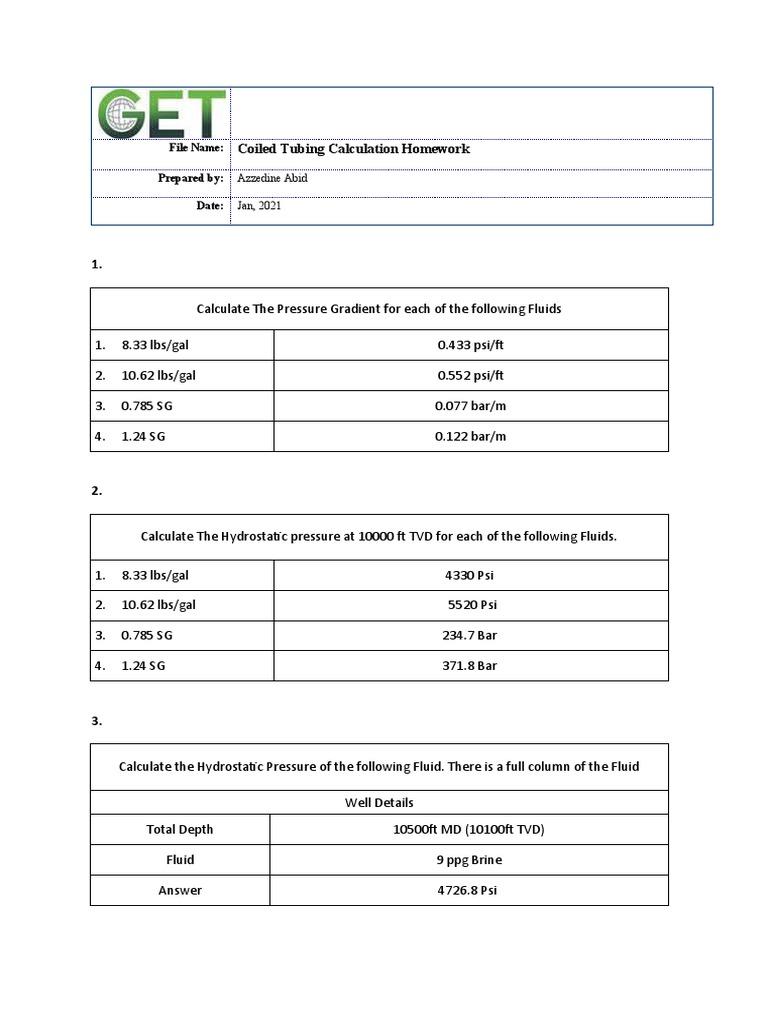 Coiled Tubing Calculation Homework Handout | PDF | Pressure | Physical Quantities