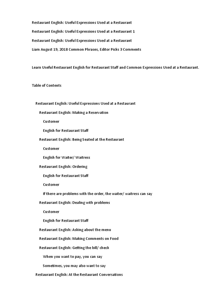 Useful Restaurant Expressions and Conversations: English Phrases for ...