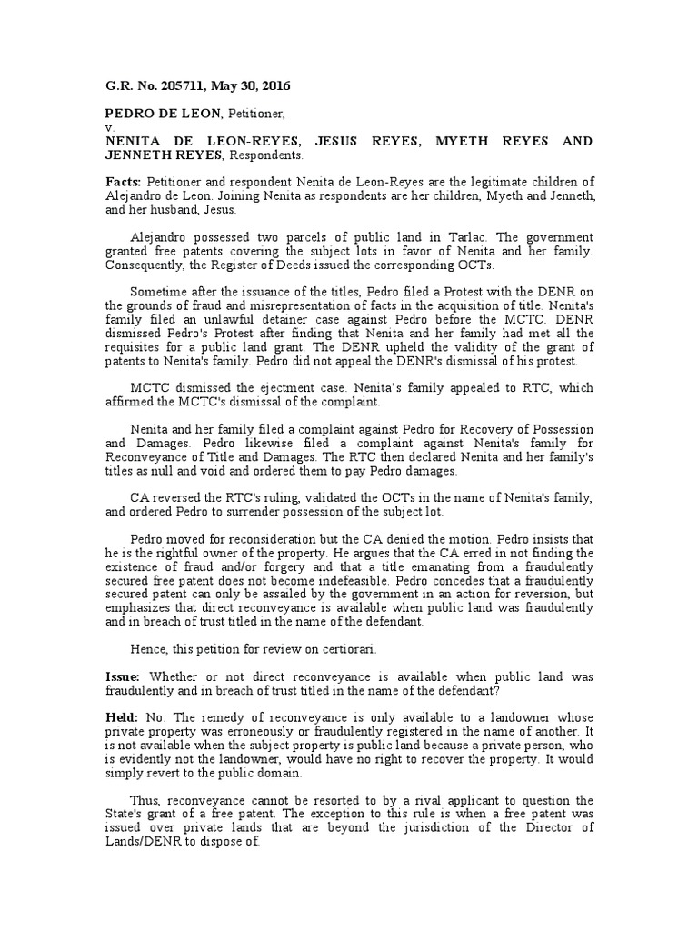 GR No. 205711 de Leon V de Leon Case Digest | PDF | Complaint | Patent