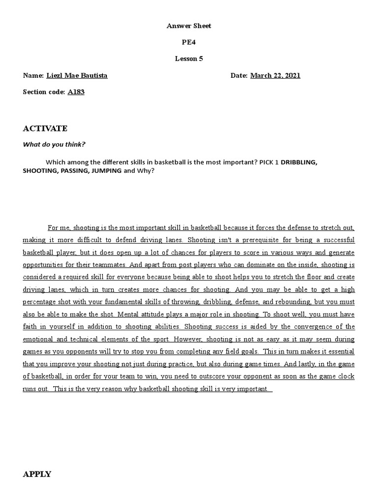 Activate: Answer Sheet PE4 Lesson 5 Name: Liezl Mae Bautista Date: March 22, 2021 Section Code ...