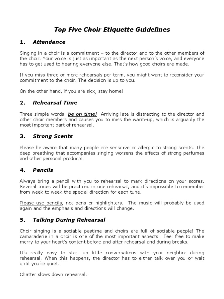 Top Five Choir Etiquette Guidelines: 1. Attendance | PDF | Language ...
