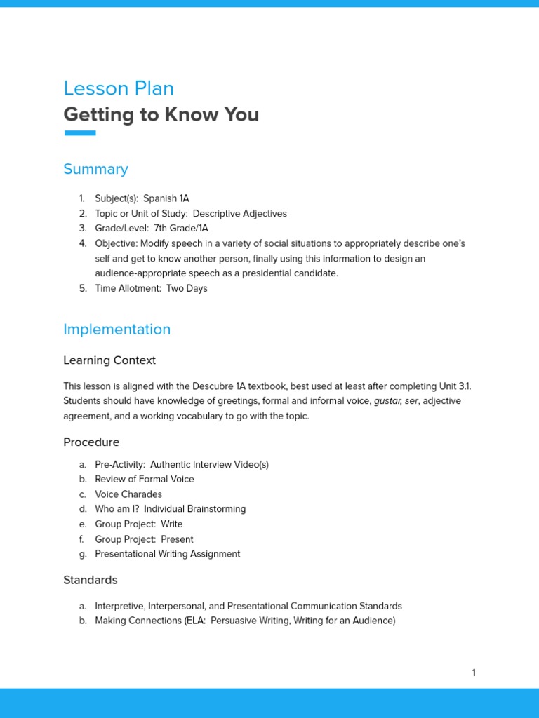 Getting To Know You: Lesson Plan | PDF | Conversation | Vocabulary
