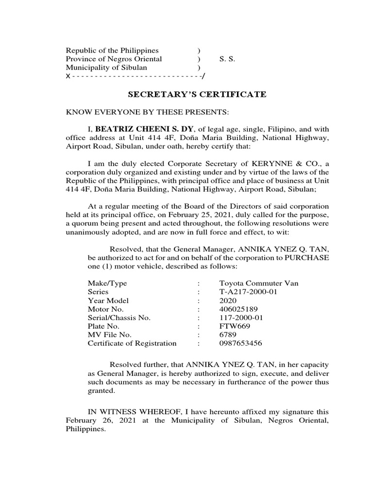 Sample Secretary's Certificate | PDF | Transport | Motor Vehicle