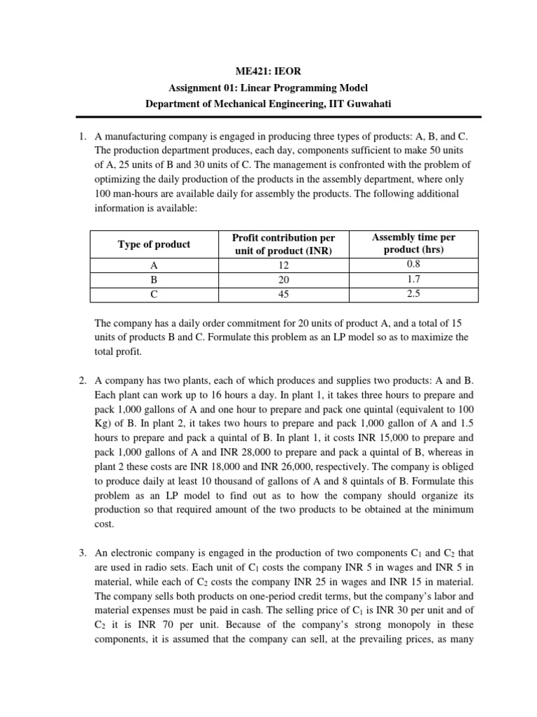 ME421: IEOR Assignment 01: Linear Programming Model Department of Mechanical Engineering, IIT ...
