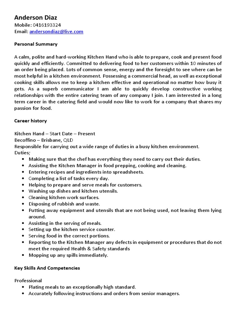 Kitchen Hand Resume of Anderson Diaz | PDF | Kitchen | Chef