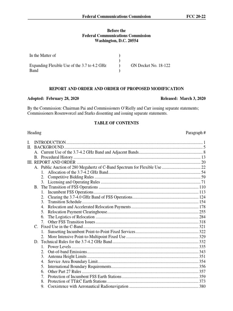 FCC 20 22a1 | PDF | Federal Communications Commission | Radio Spectrum