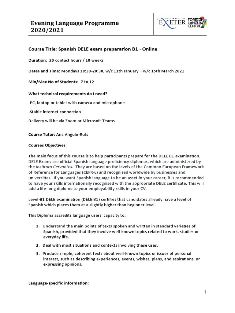 Spanish DELE B1 Exam Preparation Course 2020 21 Term 2 | PDF ...