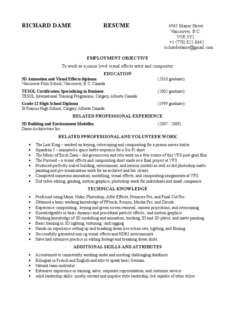 Updated Richard Dame 2 Page VFX Resume | PDF | 3 D Computer Graphics ...