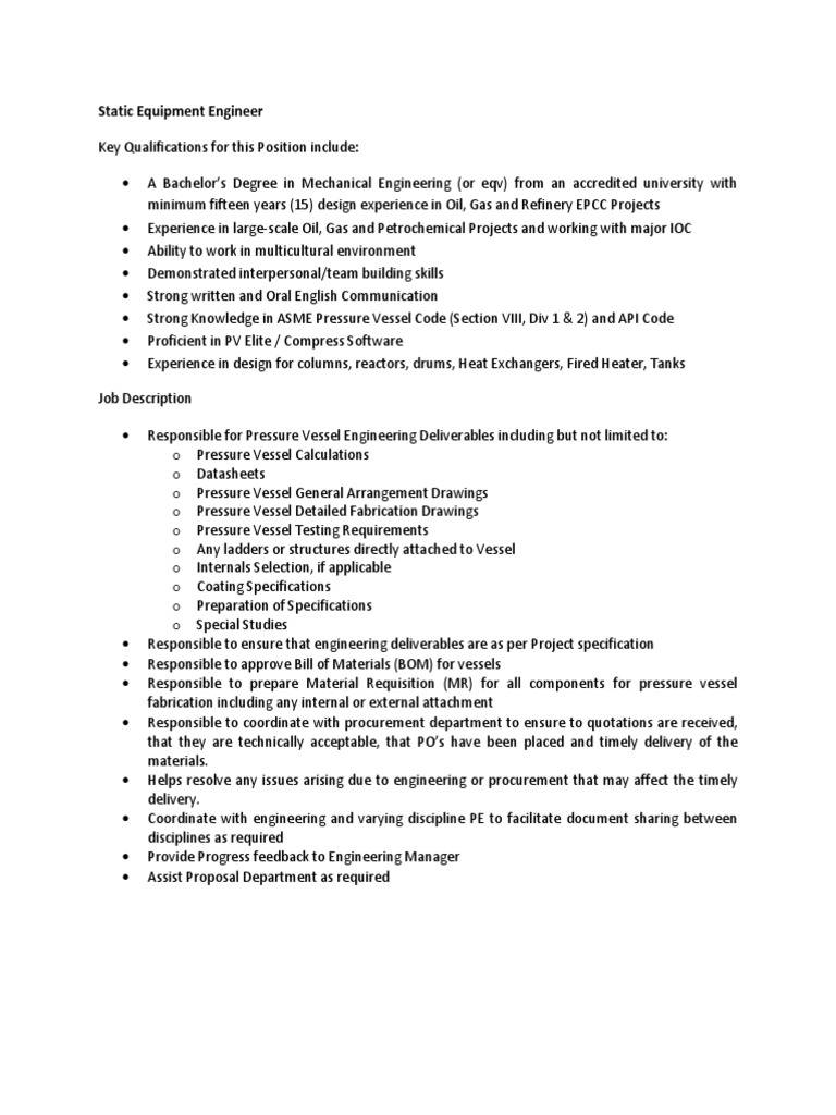 Static Equipment Engineer Job Overview | PDF