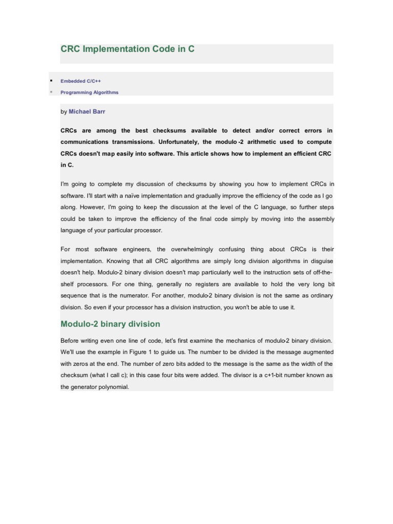 CRC Implementation Code in C | PDF | Division (Mathematics) | Computer ...