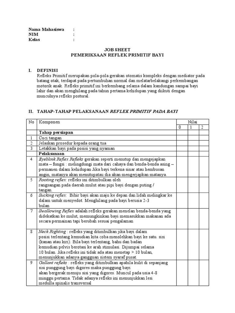 Cheklist Reflek Primitif Bayi Kelas A 1586846837 | PDF