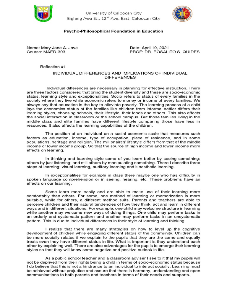 Reflection Individual Differences | PDF | Learning Styles | Child ...