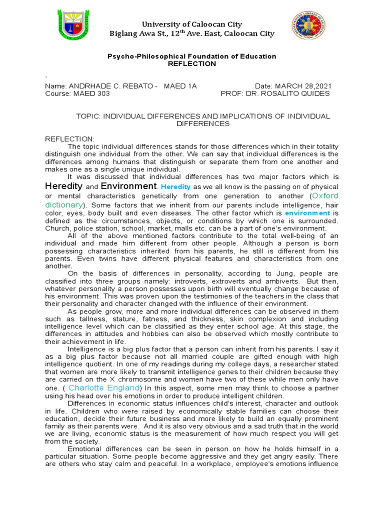 Reflection Individual Differences | PDF | Extraversion And Introversion | Nature Versus Nurture