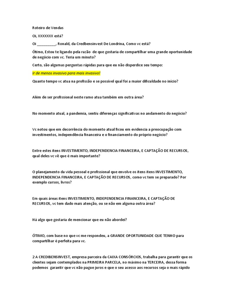 Roteiro Pronto | PDF | Consórcio | Investimentos