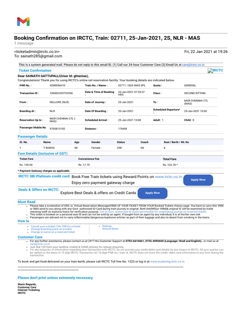 Booking Confirmation On IRCTC, Train: 02711, 25-Jan-2021, 2S, NLR - MAS ...