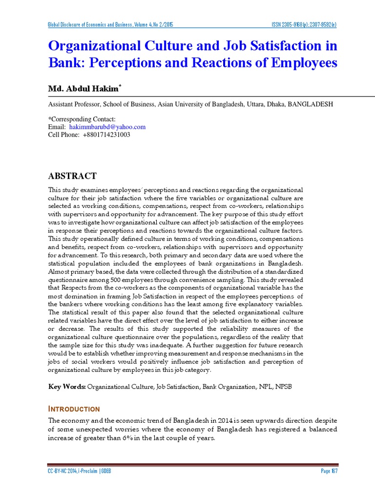 Organizational Culture and Job Satisfaction in Bank: Perceptions and ...