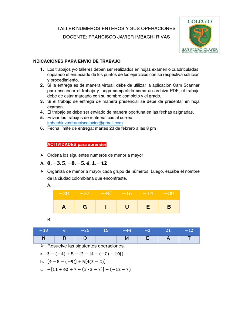 Taller de Operaciones con Números Enteros | PDF | Entero | Enseñanza de ...