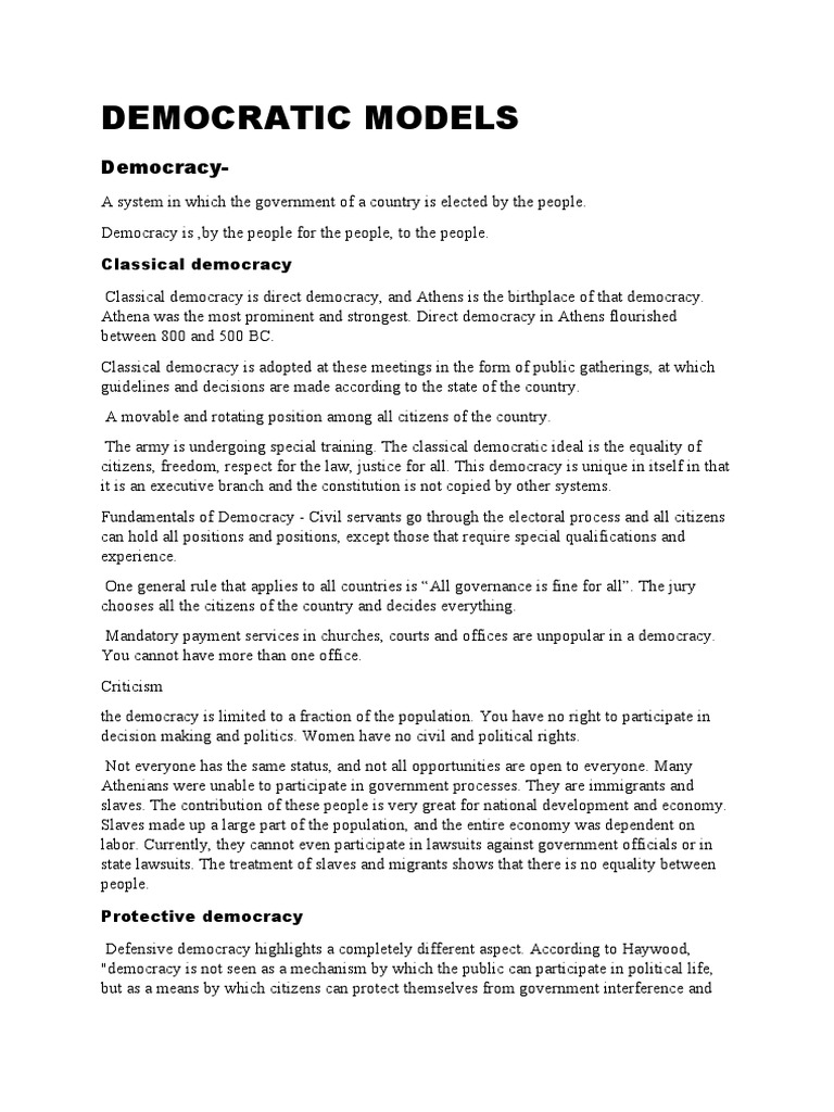 DEMOCRATIC MODELS Pol Science | PDF | Democracy | Political Ideologies