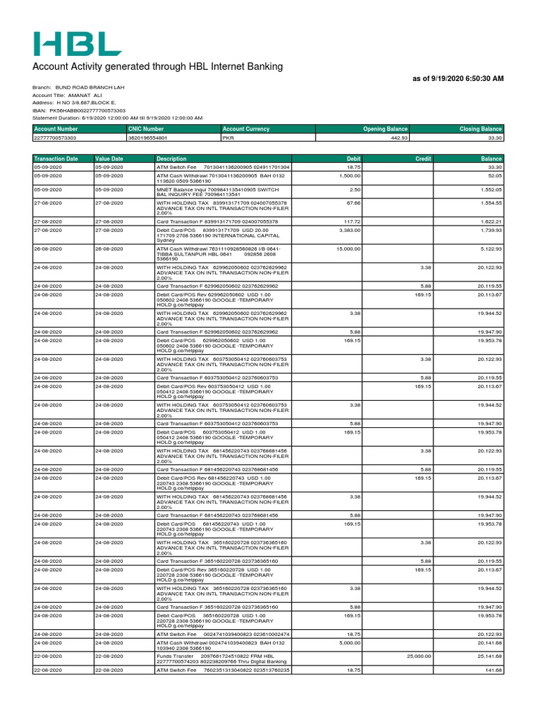 Account Activity Generated Through HBL Internet Banking | PDF ...