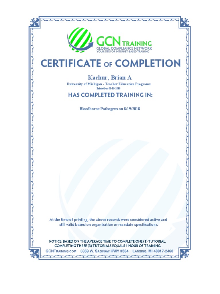 GCN Bloodborne Pathogens Training Certificate | PDF