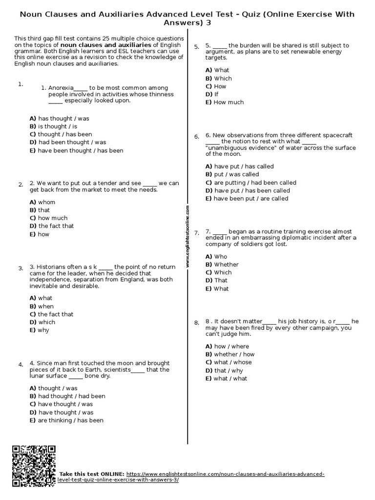 349 - Noun Clauses and Auxiliaries Advanced Level Test Quiz Online ...
